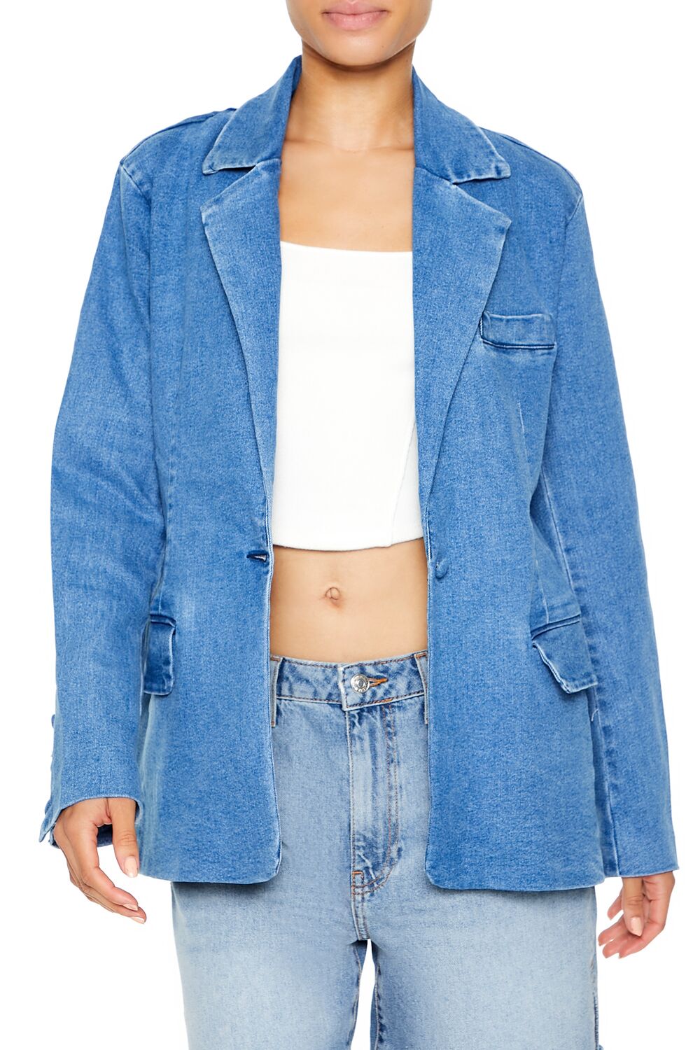 Forever 21 Notched Denim Blazer - medium-denim – Bonton